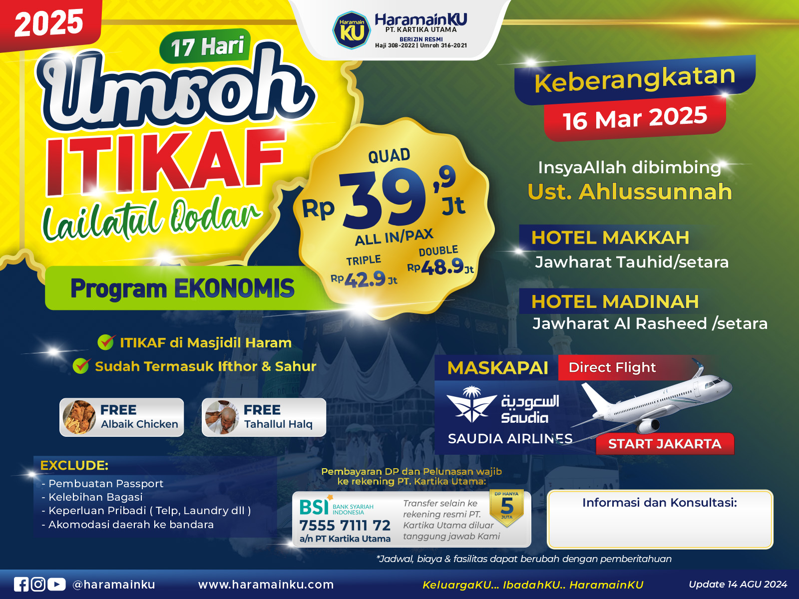 Umroh I’tikaf Lailatul Qodar EKONOMIS 17 Hari Ramadhan 1446H / 2025 – Pilih Umrah